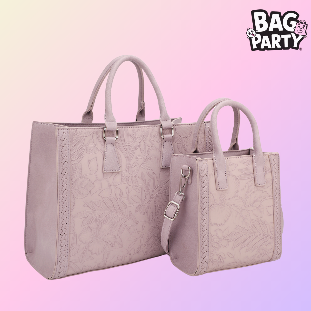 BagParty Exclusive 2 Piece Vegan Leather Tote Bag Set - Hibiscus Flowe