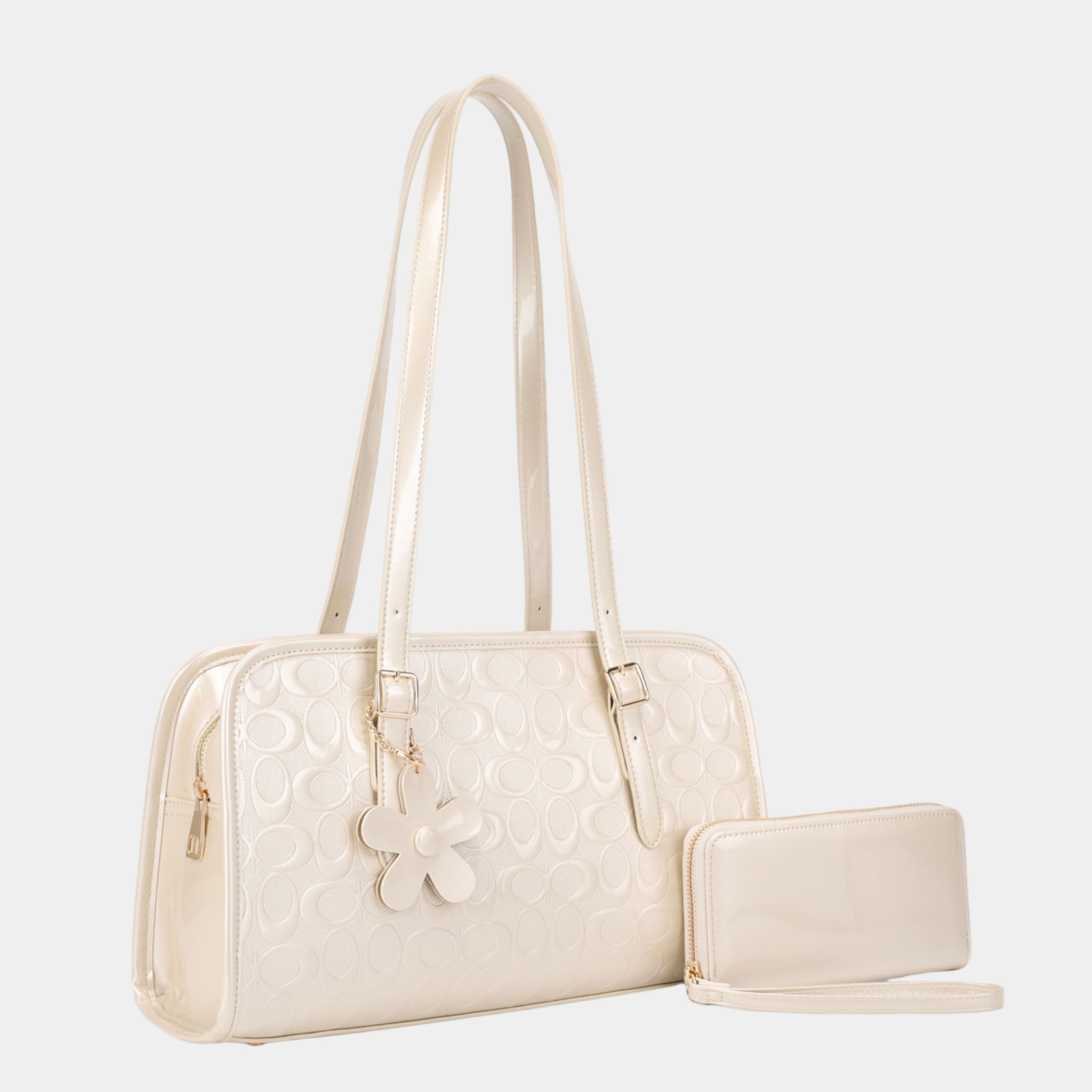 Classic Long Handle Tote Bag Set, with Flower Charm and Matching Wallet ...